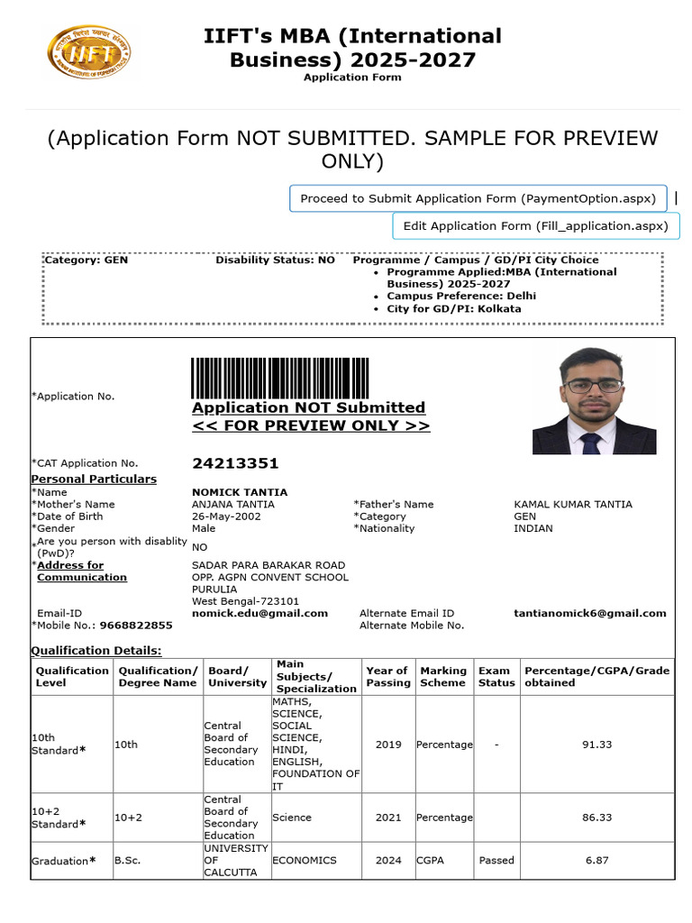 IIFT MBA Application Form 2025 Preview | PDF | Educational Stages