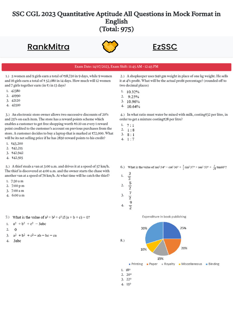 SSC CGL 2023 Quantitative Aptitude All Questions in Mock Format (1) | PDF | Circle | Perpendicular