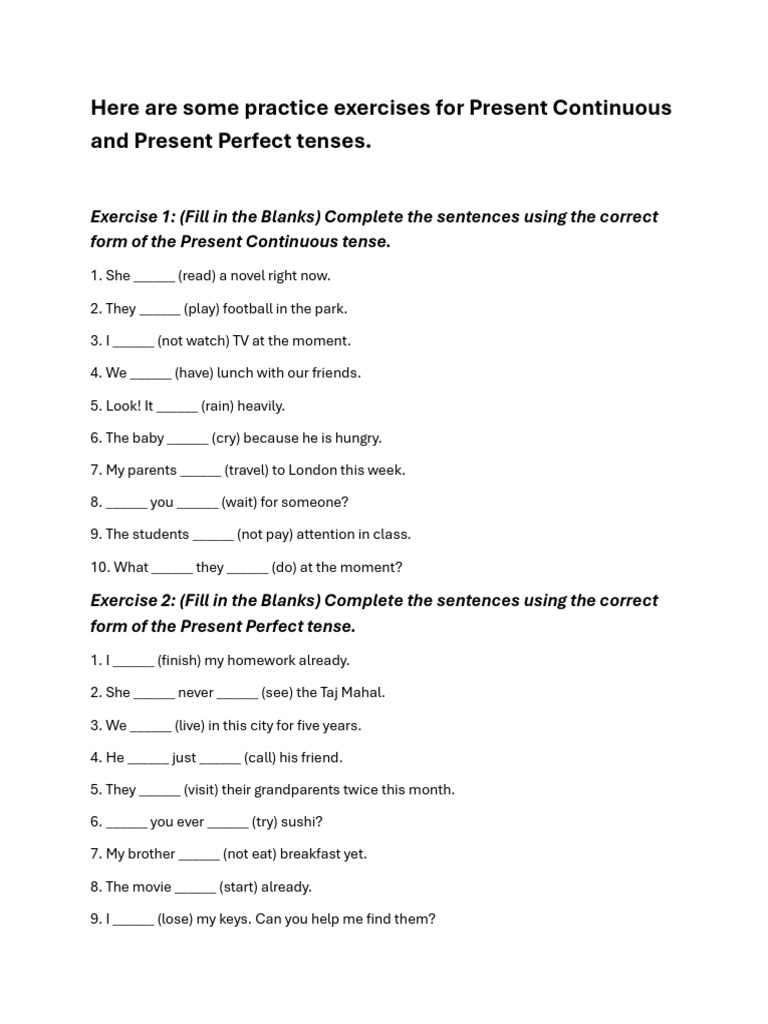 Present Perfect and Continuous Exercises | PDF