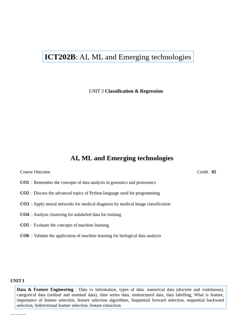ICT202B AI ML and Emerging Technologies UNIT 3 (Classification and Regression) 2 | PDF | Support ...