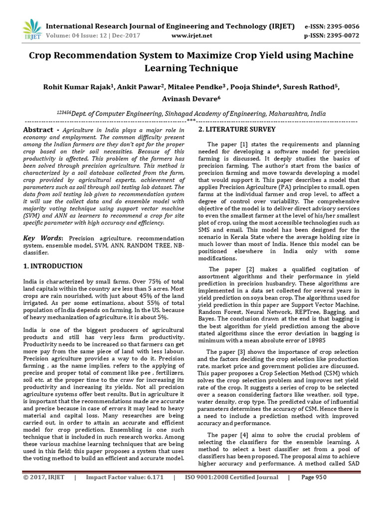 Crop Recommendation System To Maximize C | PDF | Support Vector Machine | Statistical Classification