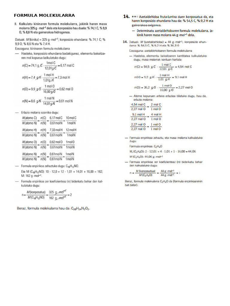 Formula Enpirikoa Eta Molekularra. Ariketa 8 (20 Orr) | PDF