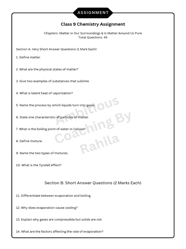 Class 9 Chemistry Assignment | PDF | Mixture | Evaporation