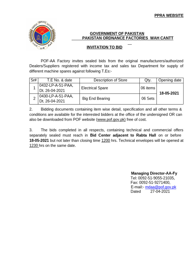 POF Wah Cantt Bid Invitation for Machine Spares | PDF