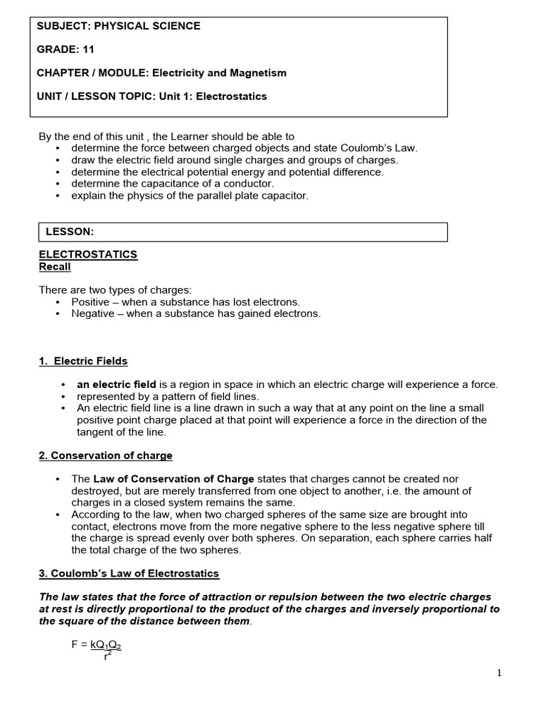 GR 11 Sci - Electrostatics | PDF | Capacitor | Capacitance
