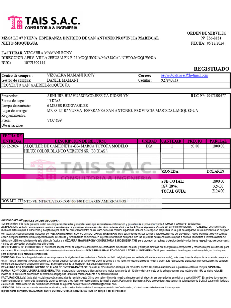 Orden de Servicio 136-2024 VCC 839 Re San GM | PDF | Factura