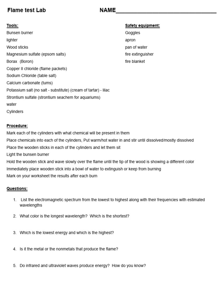 Flame Test Lab | PDF | Salt (Chemistry) | Sodium