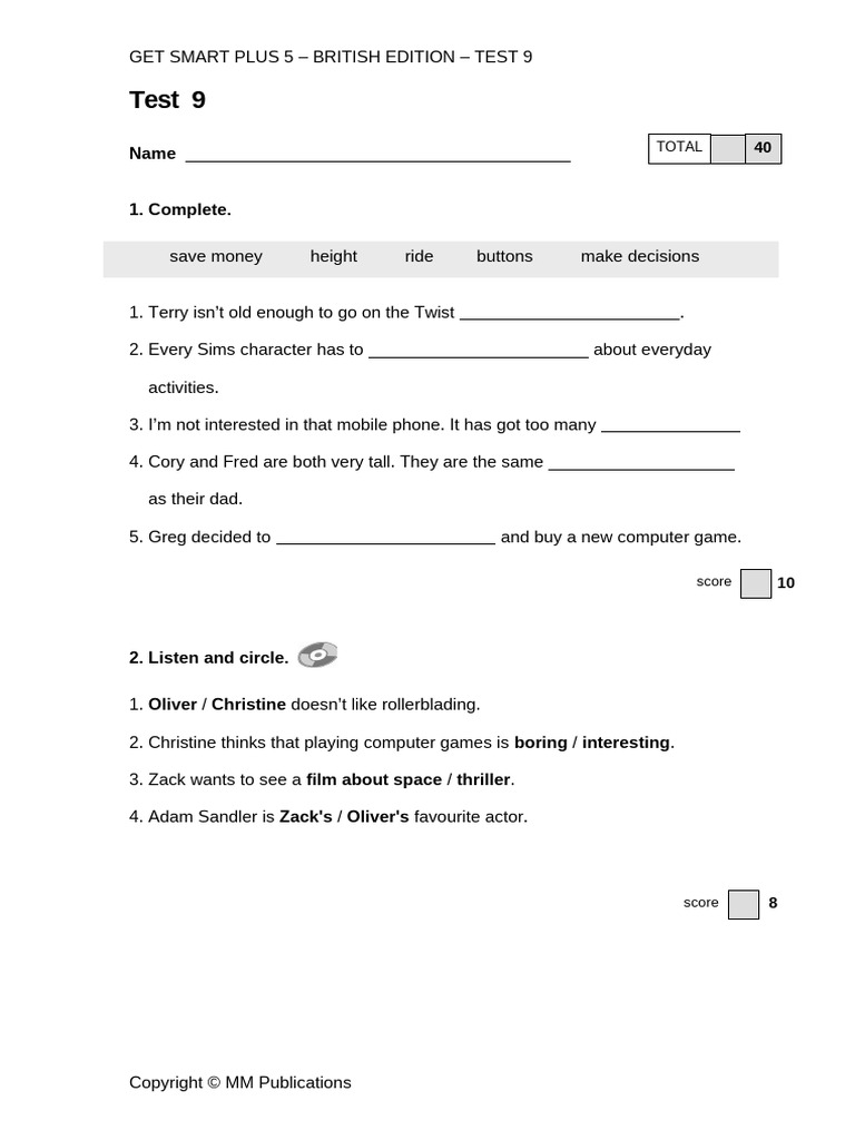 Get Smart Plus 5 British Test 9 | PDF