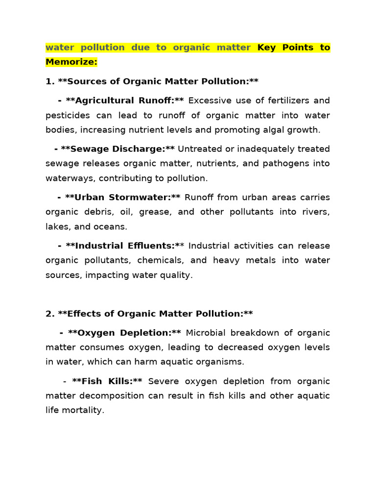 Water Pollution Due To Organic Matter Key Points To Memorize | PDF ...