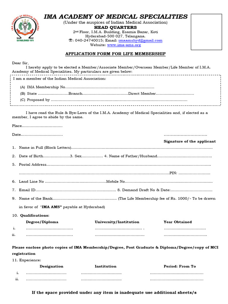 IMA Academy Life Membership Application | PDF