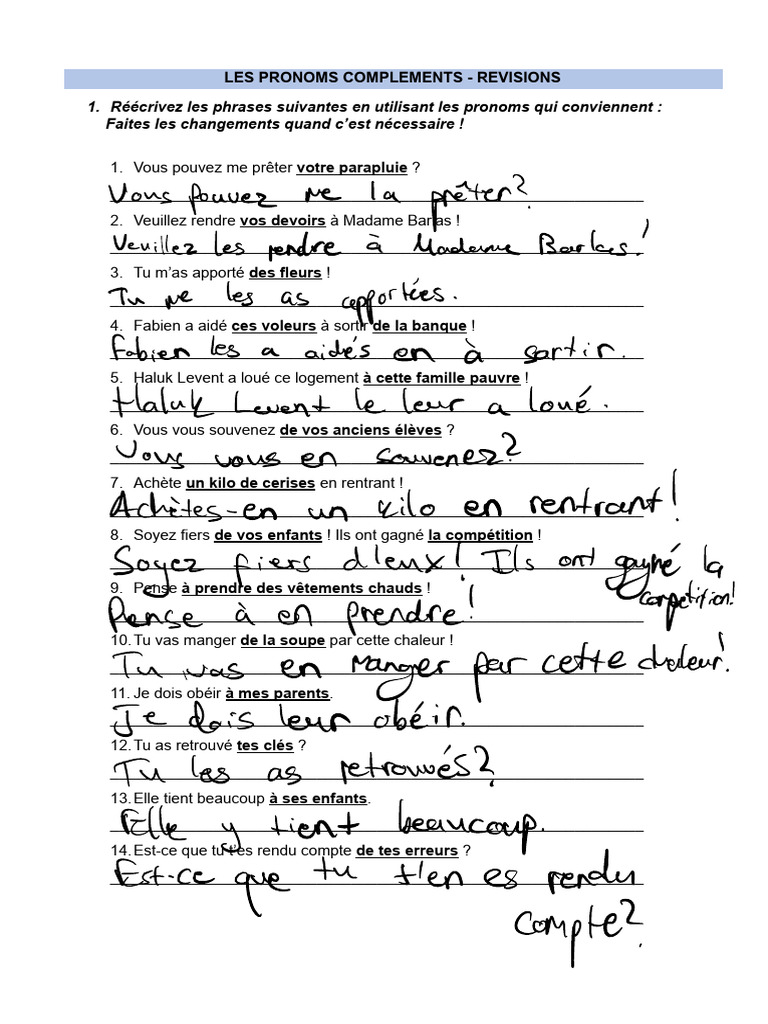 Révisions des pronoms compléments en français | PDF