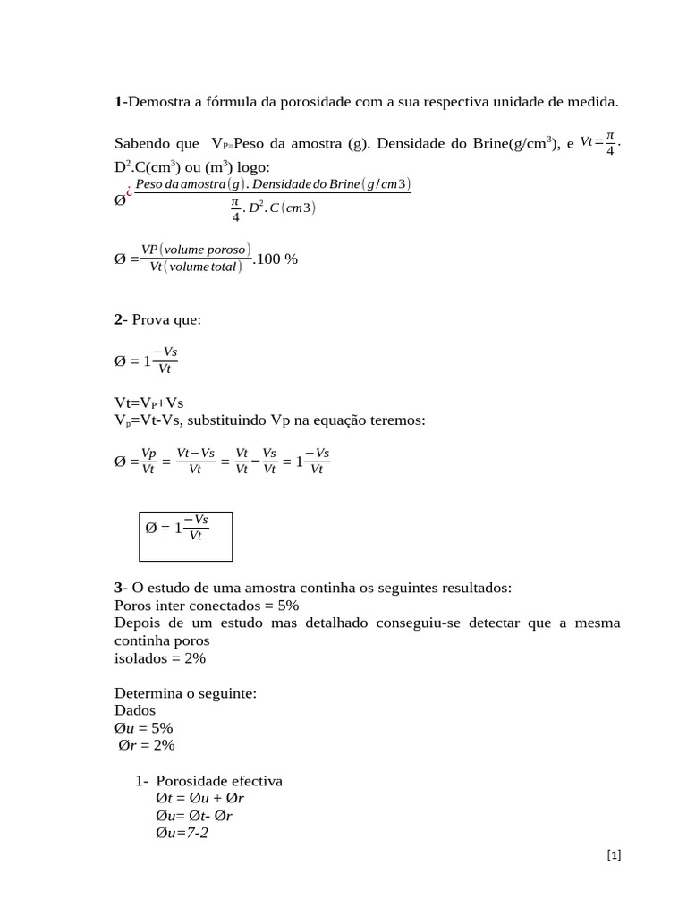 Fórmulas e Cálculos de Porosidade e Volume | PDF