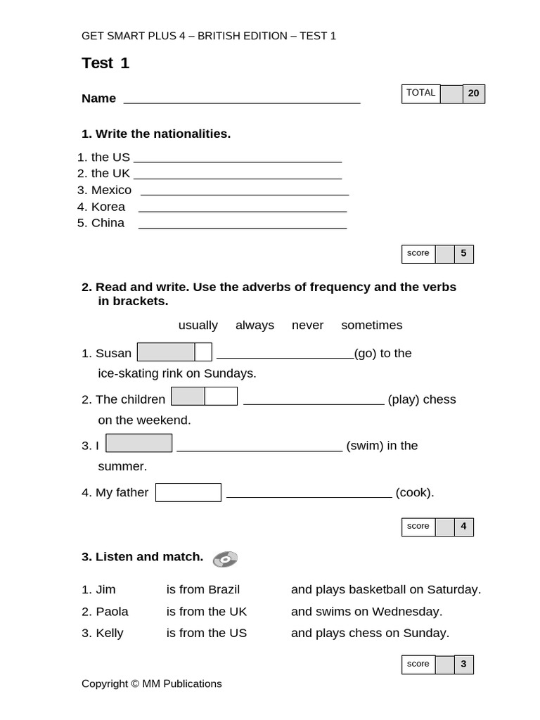 Get Smart Plus 4 Test 1 Worksheet | PDF