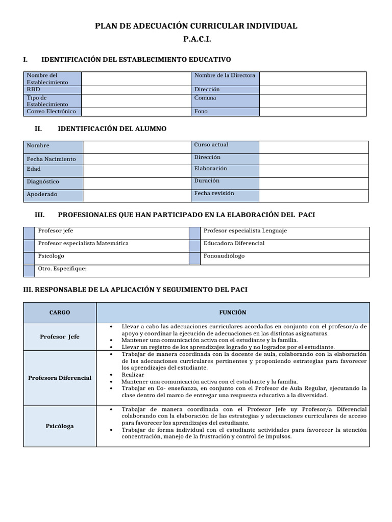PACI - Plan de Adecuación Curricular Individual | PDF | Maestros | Salón de clases