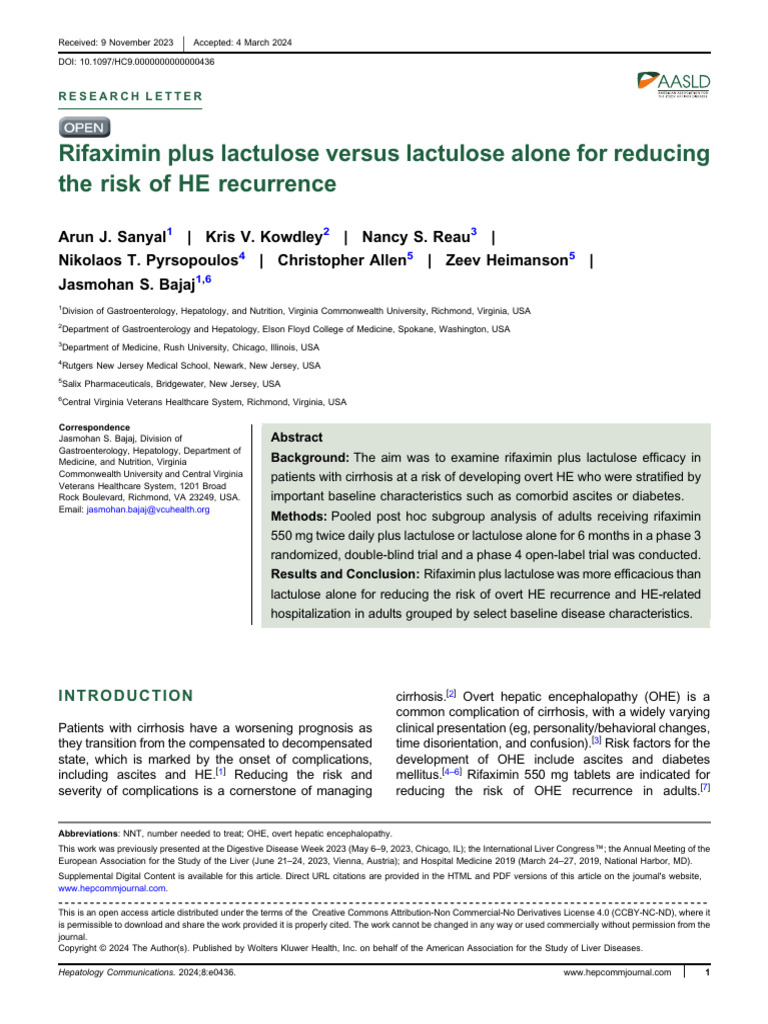 Rifaximin Plus Lactulose Versus Lactulose Alone For Reducing The Risk ...