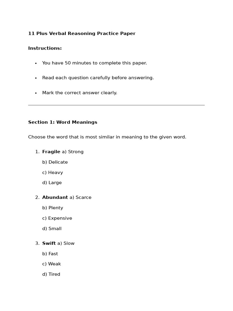 11 Plus Verbal Reasoning Practice Paper | PDF