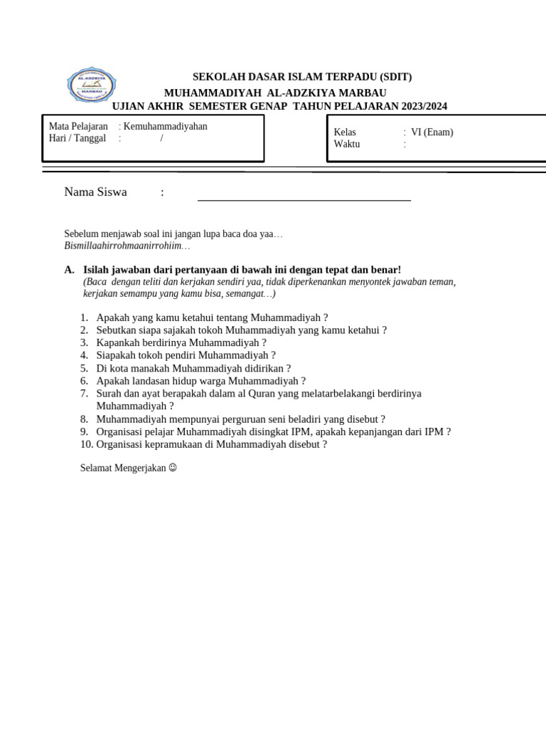 SOAL KMD PAS KELAS 6 | PDF