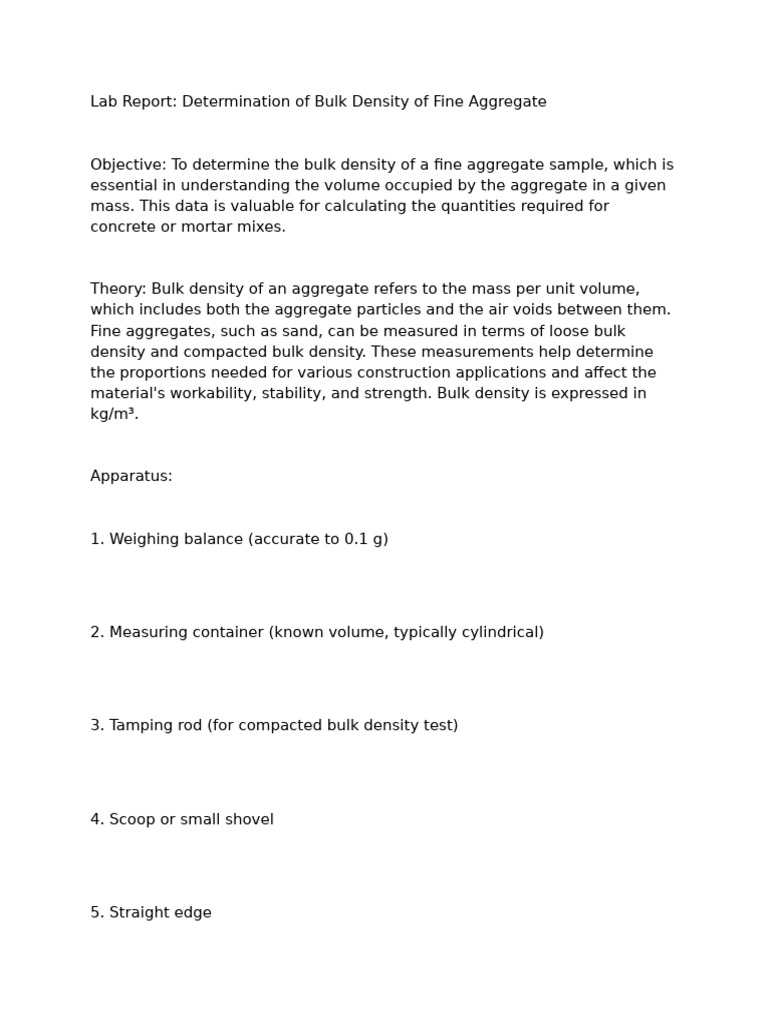 Bulk Density of Fine Aggregate | PDF | Density | Weight