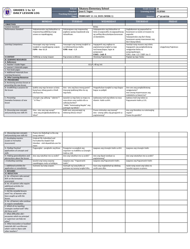 DLL - Filipino 3 - Q4 - W1 | PDF