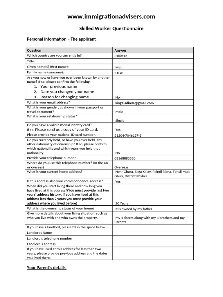 Outside UK - Skilled Worker Questionnaire | PDF | Travel Visa ...