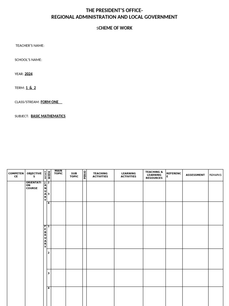 Form One Basic Mathematics Scheme | PDF | Arithmetic | Mathematics