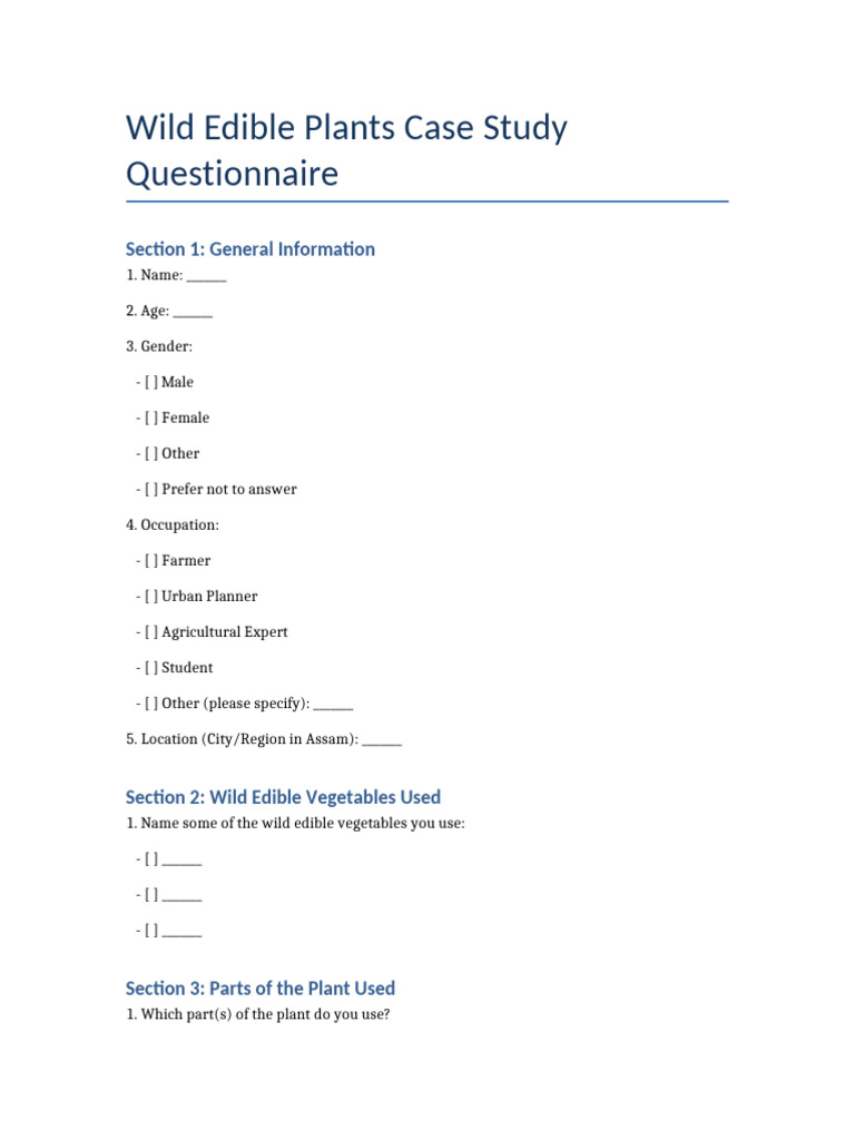 Wild Edible Plants Case Study Questionnaire | PDF