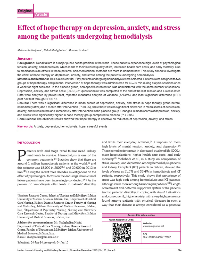 Hope Therapy Reduces Hemodialysis Stress | PDF | Hemodialysis | Major ...
