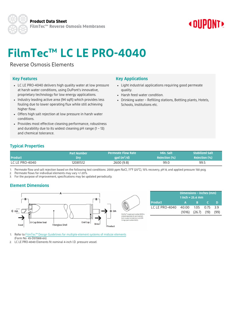 RO-FilmTec-LC-LE-PRO-4040-PDS-45-D01670-en | PDF | Membrane | Process Engineering