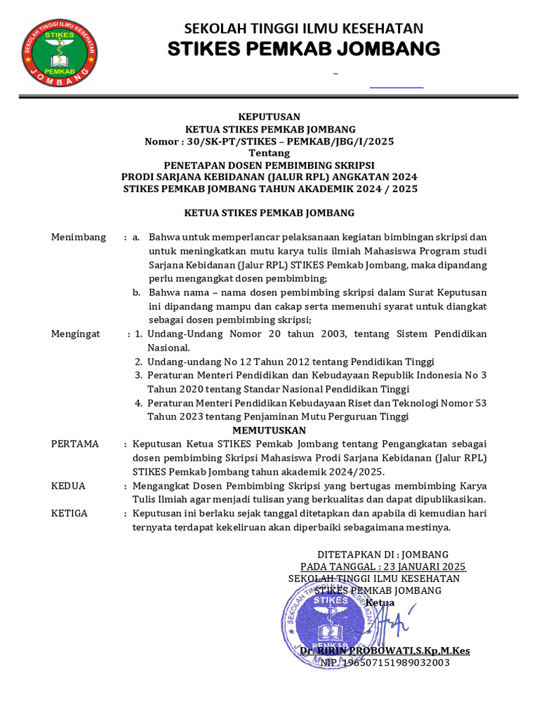 SK Pembimbing Skripsi RPL s1 Kebidanan 2024-2025.ok | PDF