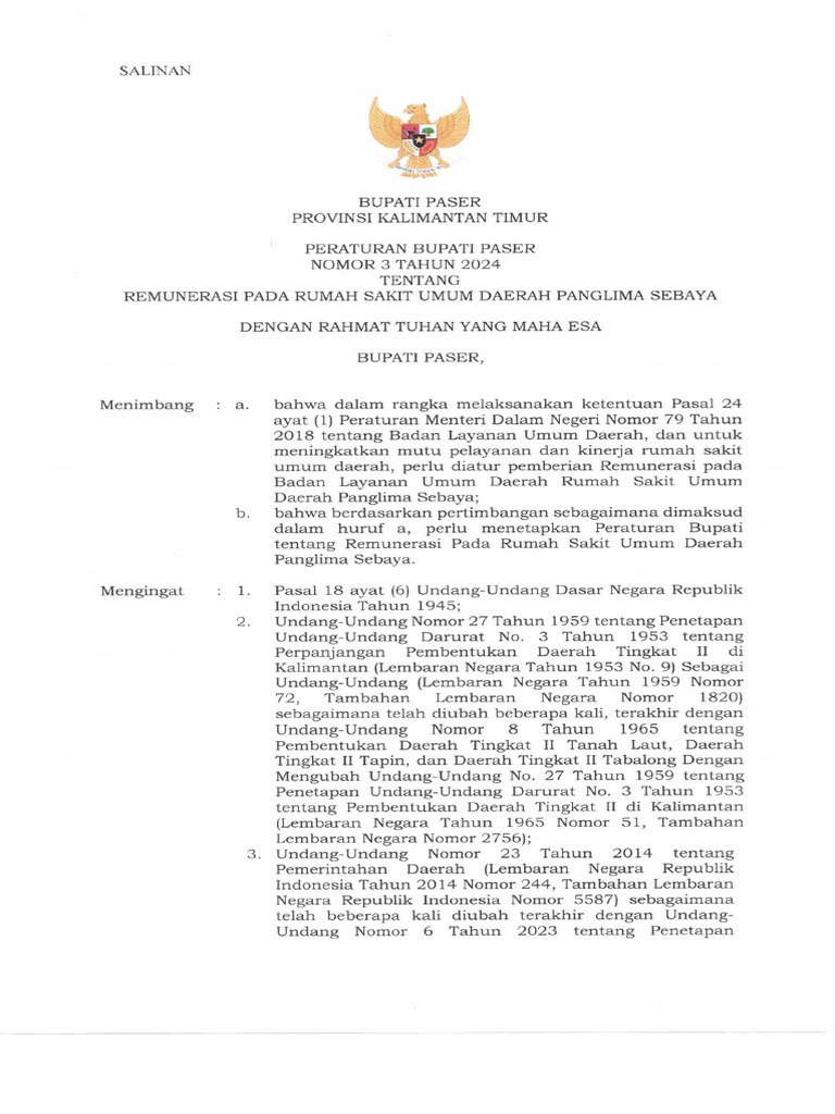 Perbup Nomor 3 Tahun 2024 Tentang Remunerasi Pada Rumah Sakit Umum Daerah Panglima Sebaya | PDF