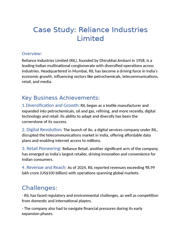 Reliance Industries: A Case Study | PDF | Business | Economies