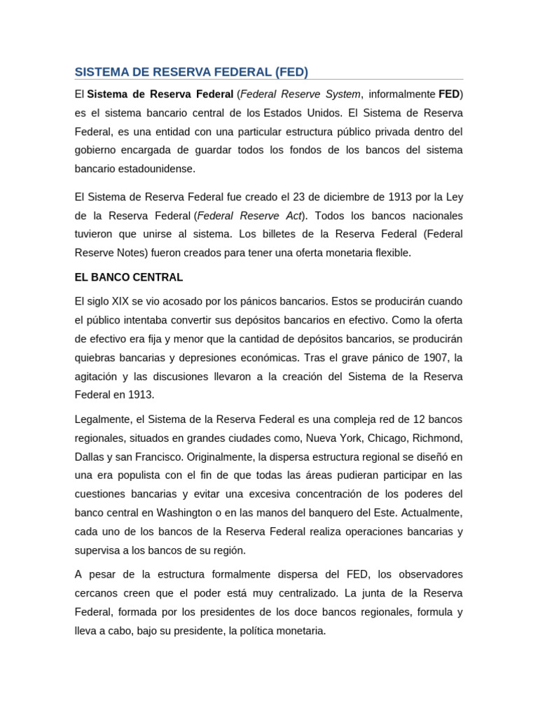 EL SISTEMA DE RESERVA FEDERAL (FED) | PDF | La política monetaria ...