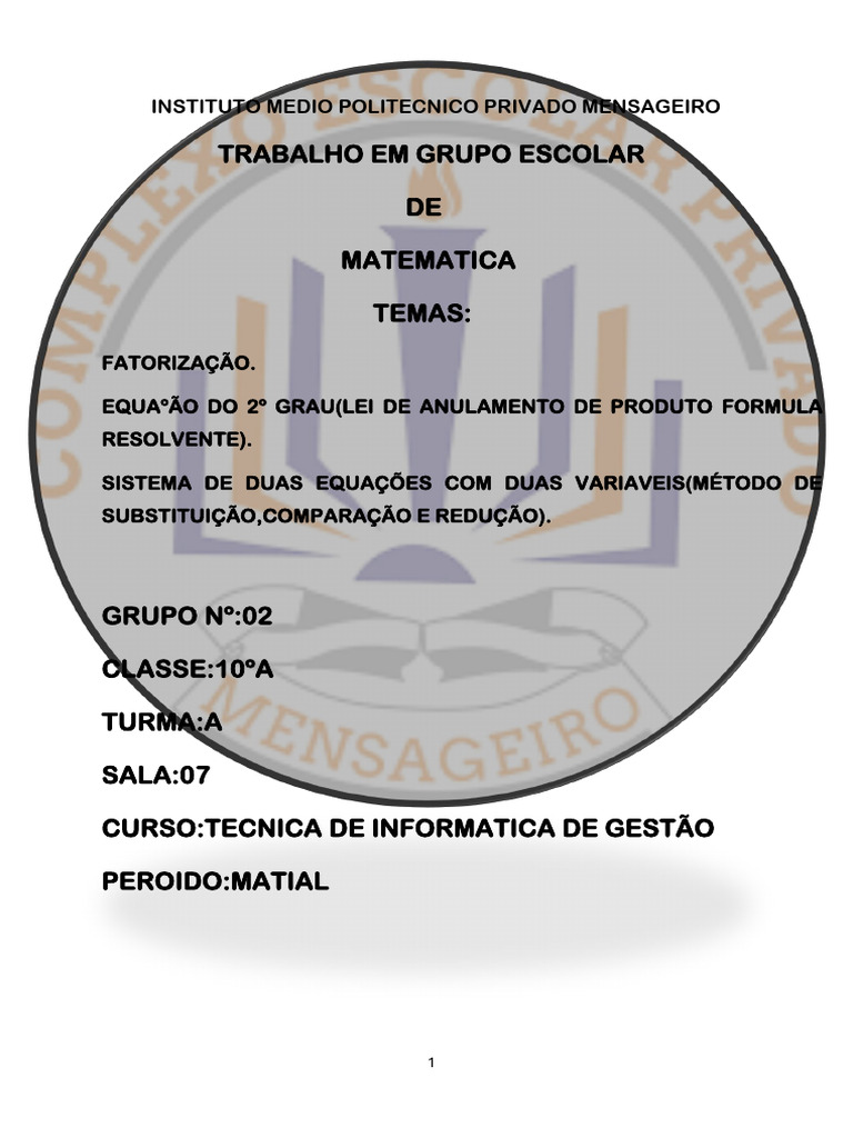 Instituto Medio Politecnico Privado Mensageiro | PDF | Equação ...