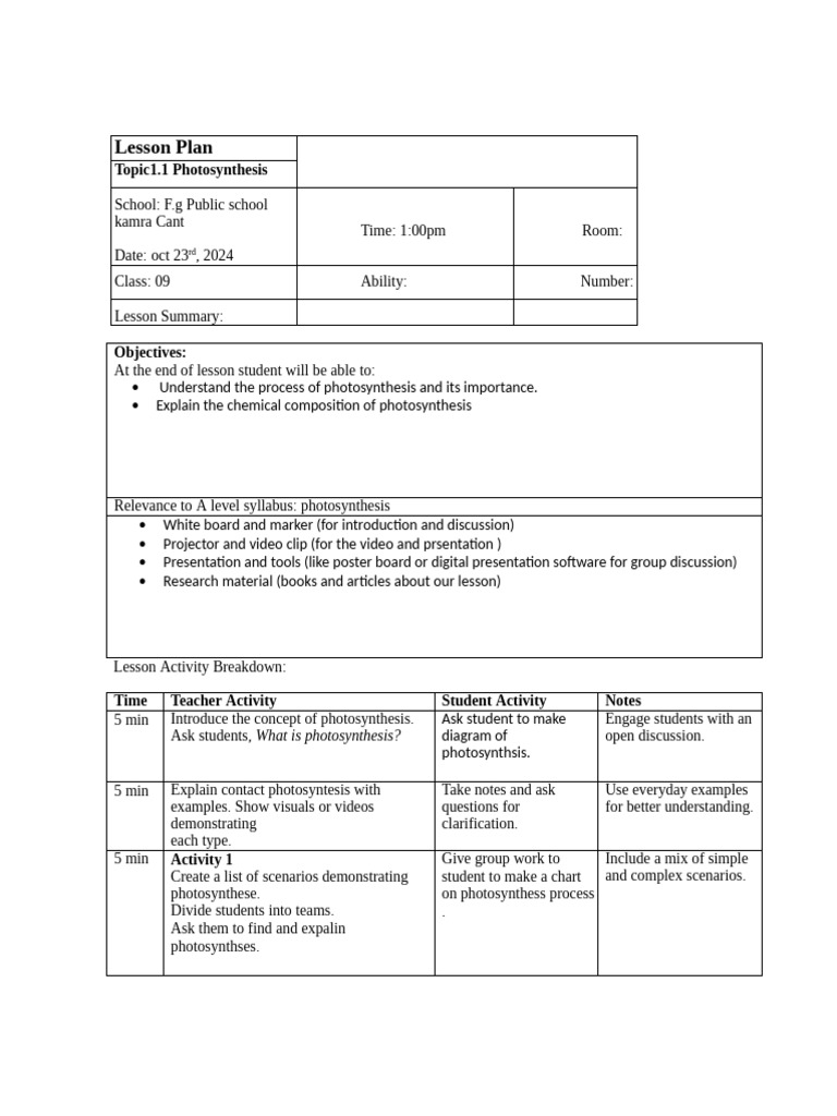 Photosynthesis Lesson Plan for Class 09 | PDF | Photosynthesis | Lesson ...