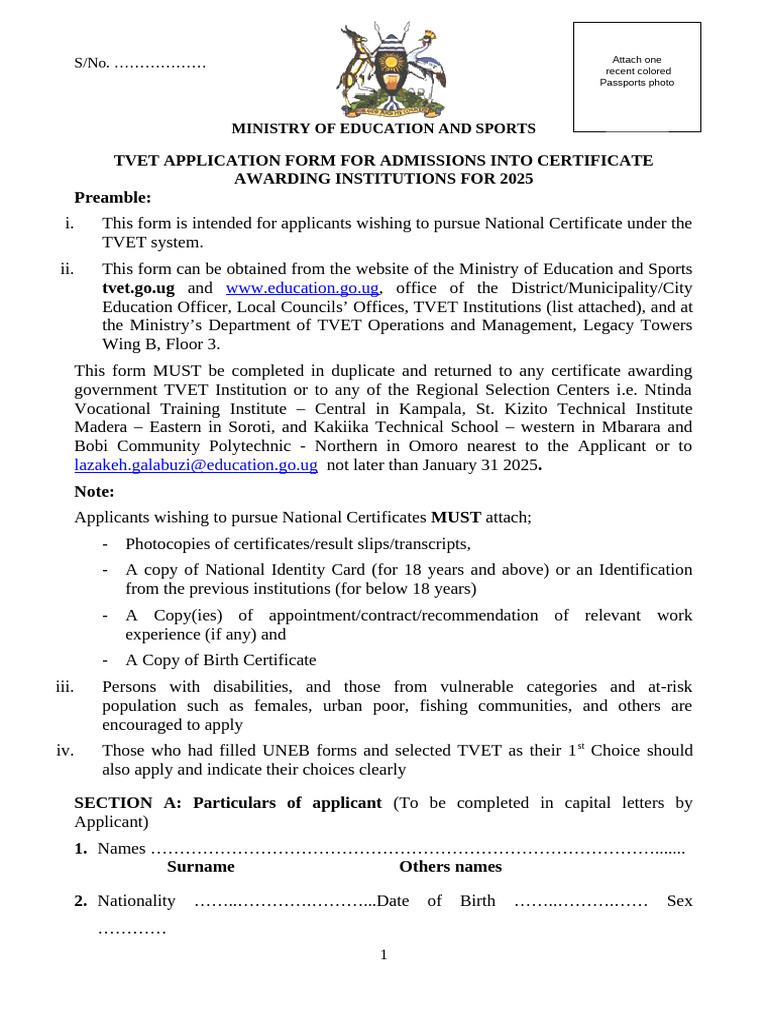 TVET Application Form - VTIS Edited | PDF | Identity Document