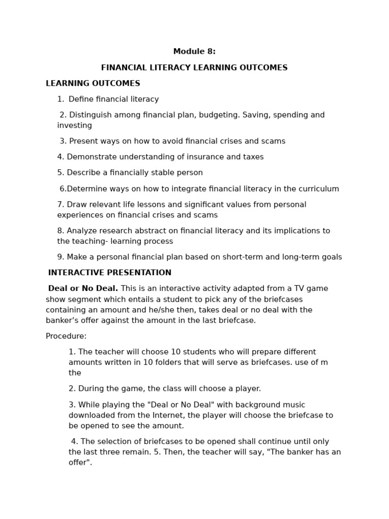 Financial Literacy: Key Learning Outcomes | PDF | Investing | Internet ...