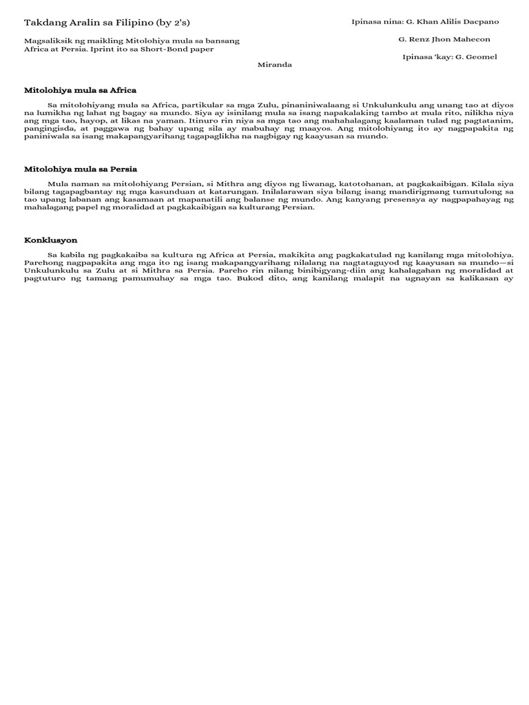 Filipino Assignment - Mythology | PDF