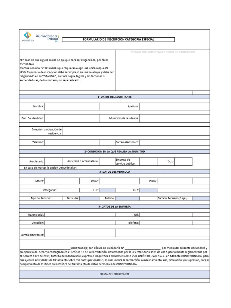 Formulario Tarifas Especial Union Del Sur | PDF