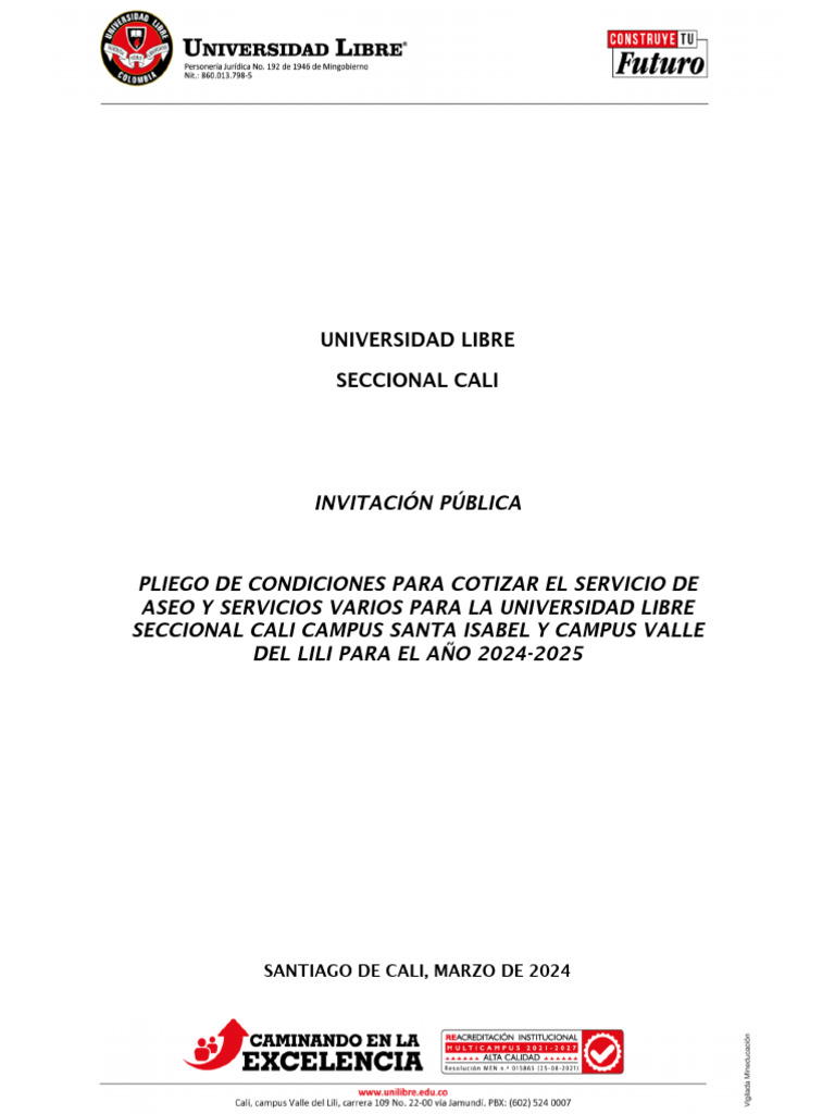 Pliego Condiciones Cotizar Servicio Aseo Servicios Campus 2024-2025 ...