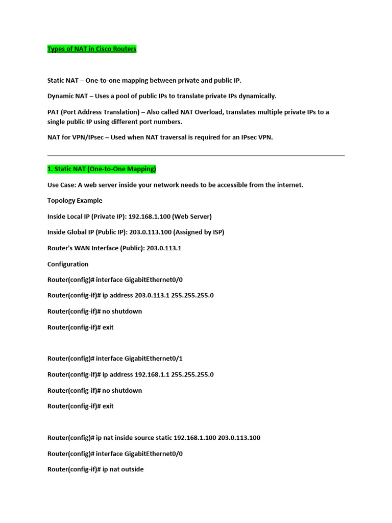 Types of NAT in Cisco Routers | PDF | Ip Address | Router (Computing)