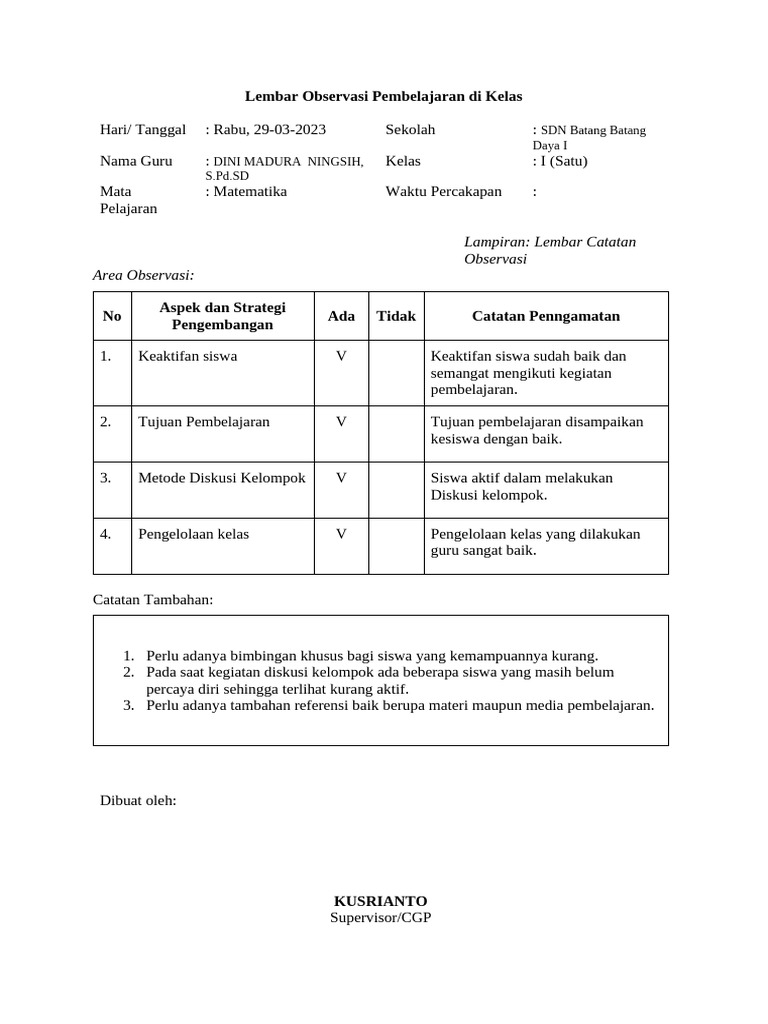 2 - Lembar Observasi Pembelajaran Di Kelas | PDF