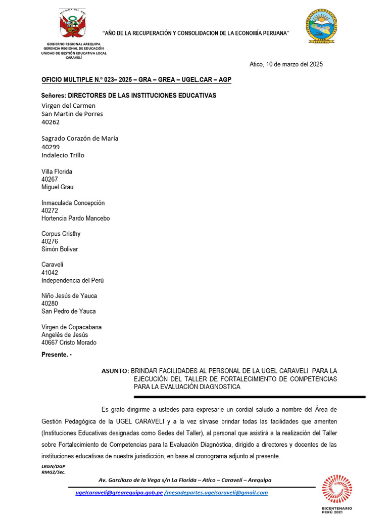 Ofici. Multiple 023-2025 Brindar Facilidades para Ejecución Del Taller | PDF