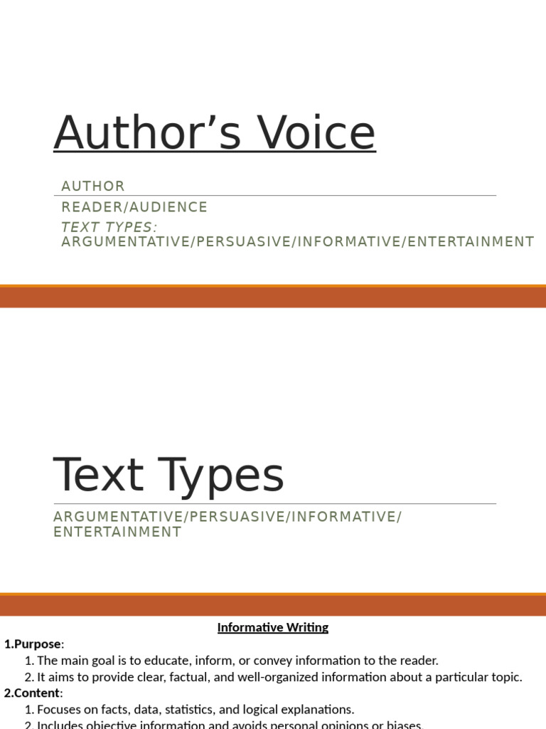 Text Types and Authors Voice Final | PDF | Mental Health
