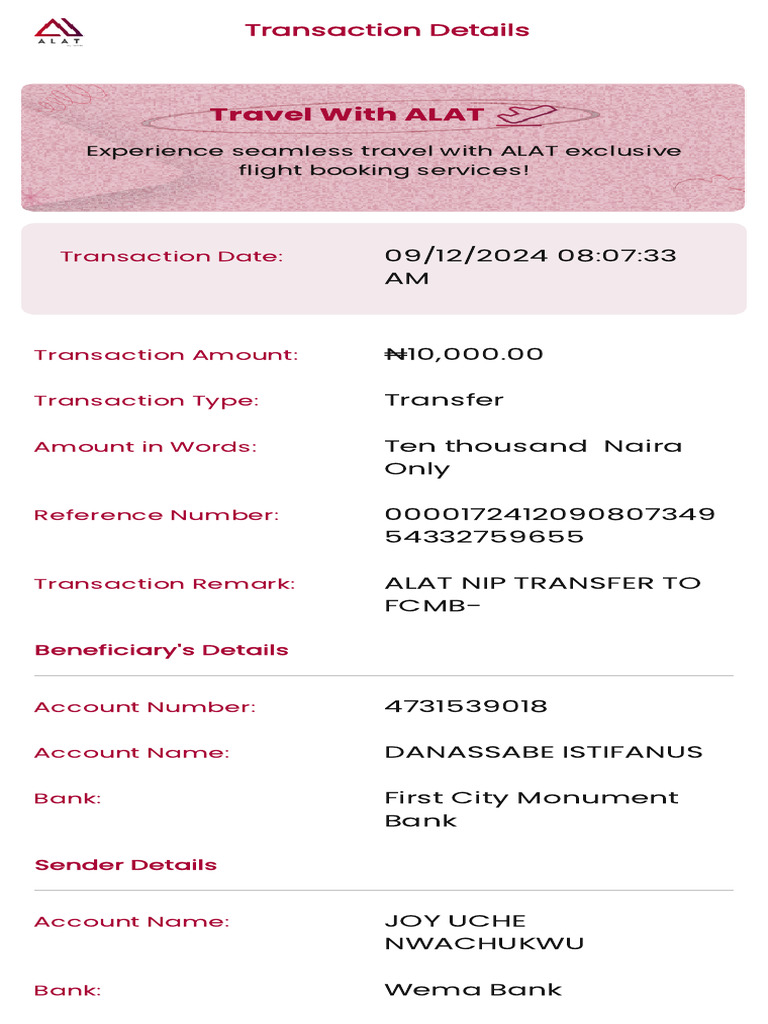 ALAT Transfer Receipt - DANASSABE ISTIFANUS - 4731539018 - 10,000.00 ...