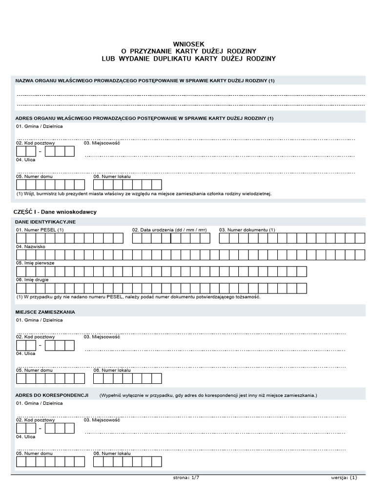 Wniosek O Przyznanie Karty Dużej Rodziny Lub Wydanie Duplikatu Karty Dużej Rodziny | PDF