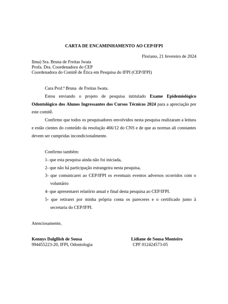 Cep Projeto Carta de Encaminhamento Ao Cep | PDF