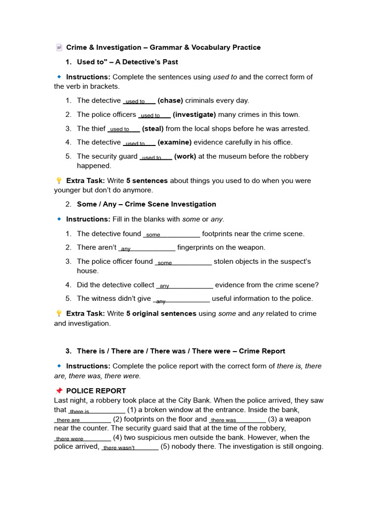 Crime Investigation Grammar Exercises | PDF | Detective | Crime Scene