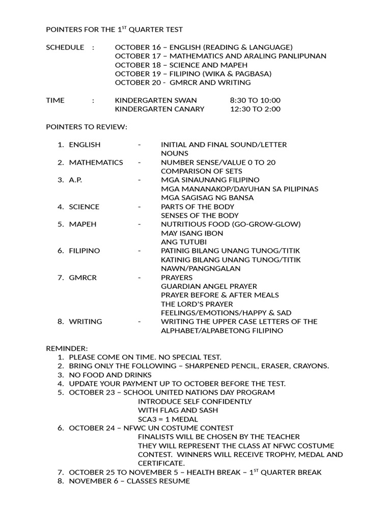 Pointers For The 1ST Quarter Test | PDF