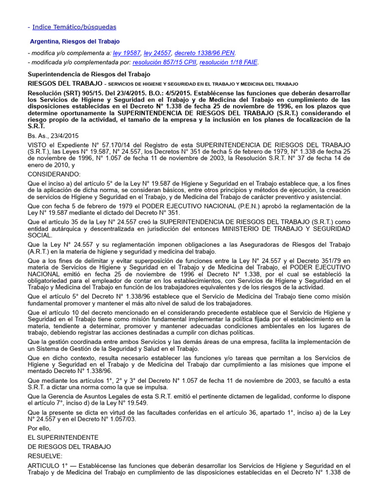 Resolución SRT 905-15 - Funciones A Desarrollar Los Servicios de HyS y de Medicina Del Trabajo ...