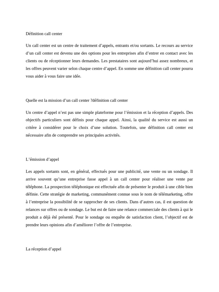 Définition et rôle d'un call center | PDF | Centre d'appel | Business
